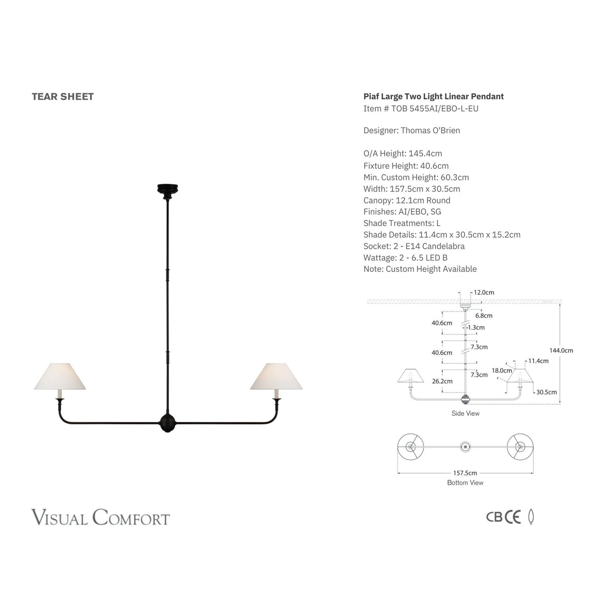 Thomas O'Brien Piaf Large Two-Light Linear Pendant Light - Aged Iron w ...